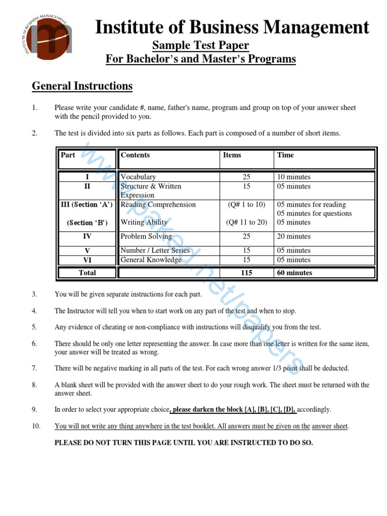 IOBM Sample Test Paper Overview | PDF | Reading Comprehension