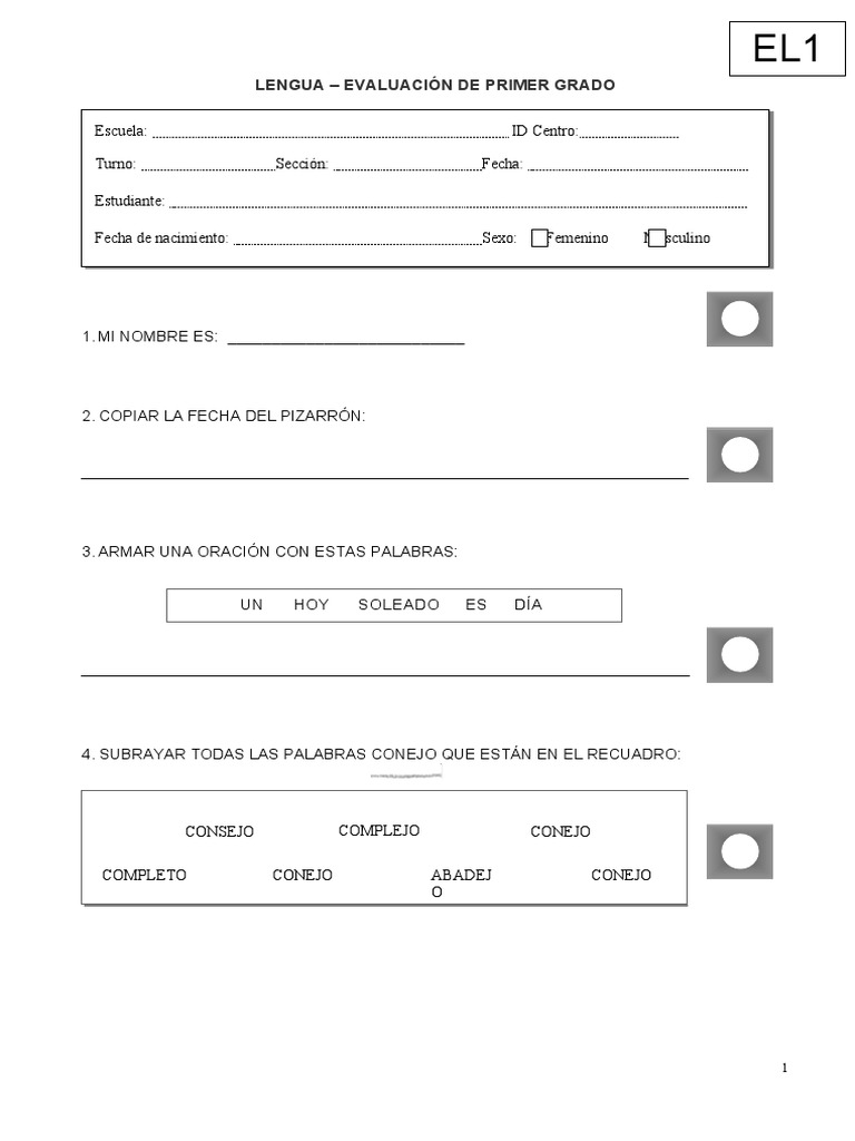 Evaluación Lengua 1º Grado | PDF
