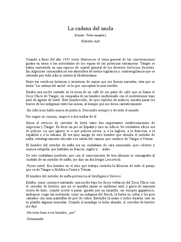 Cuento de Roberto Arlt - La Cadena Del Ancla | PDF