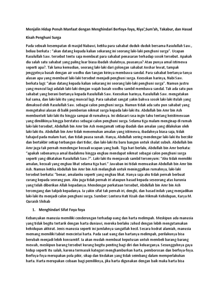 Hidup Hemat Menghindari Riya, Sumah, Takabbur Dan Hasad | PDF