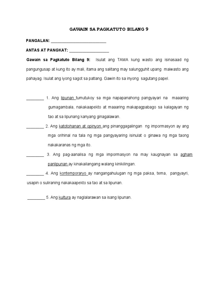 Gawain Sa Pagkatuto Bilang 9 | PDF
