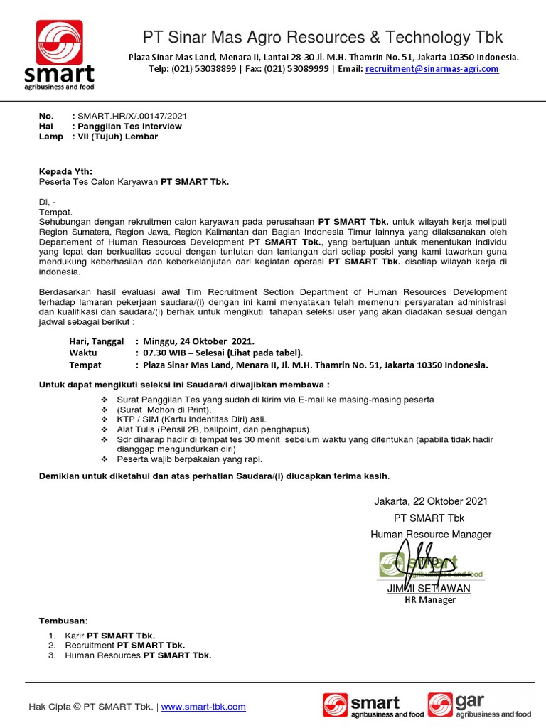 Undangan Interview PT Sinar Mas Agro Resources & Technology TBK - PT SMART TBK | PDF