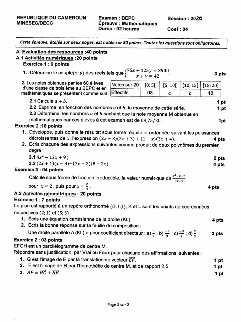 Epreuve Bepc 2020 Maths Cameroun | PDF