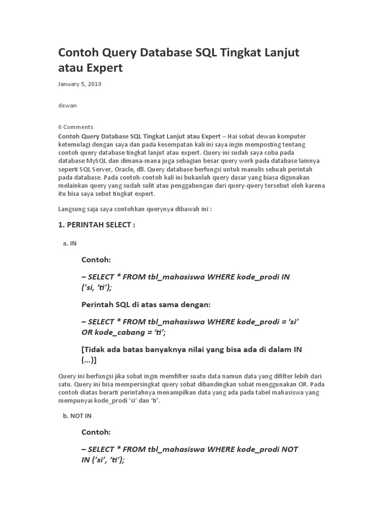 Contoh Query Database SQL Tingkat Lanjut | PDF