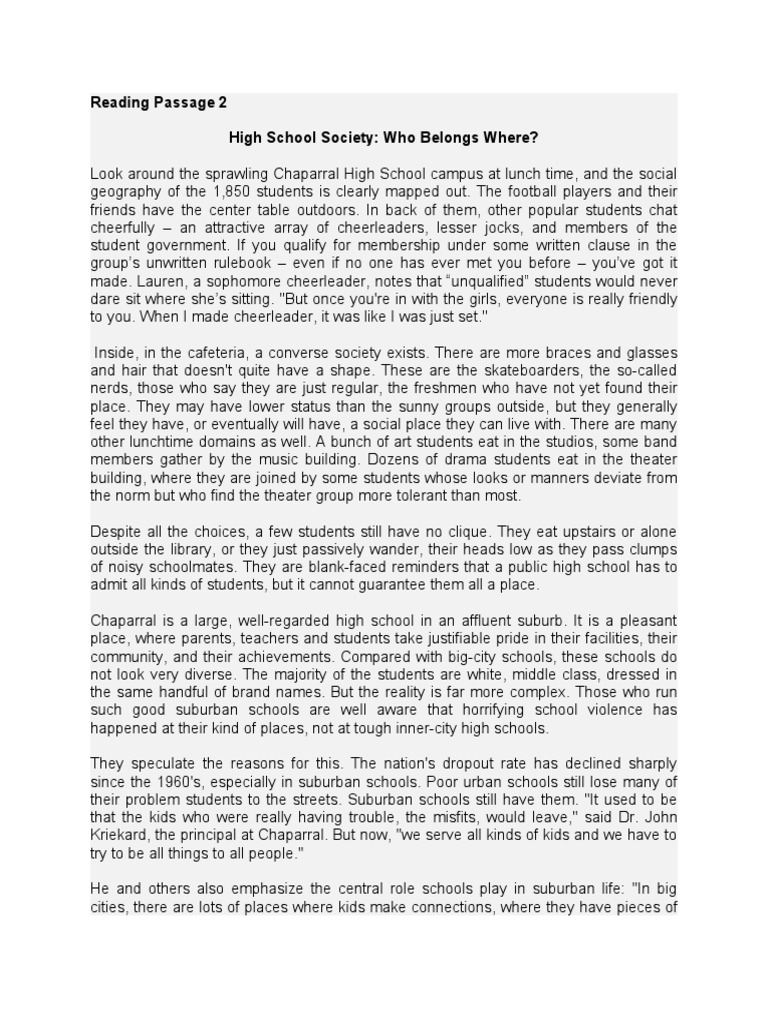 Reading Passage 2 High School Society: Who Belongs Where? | PDF ...