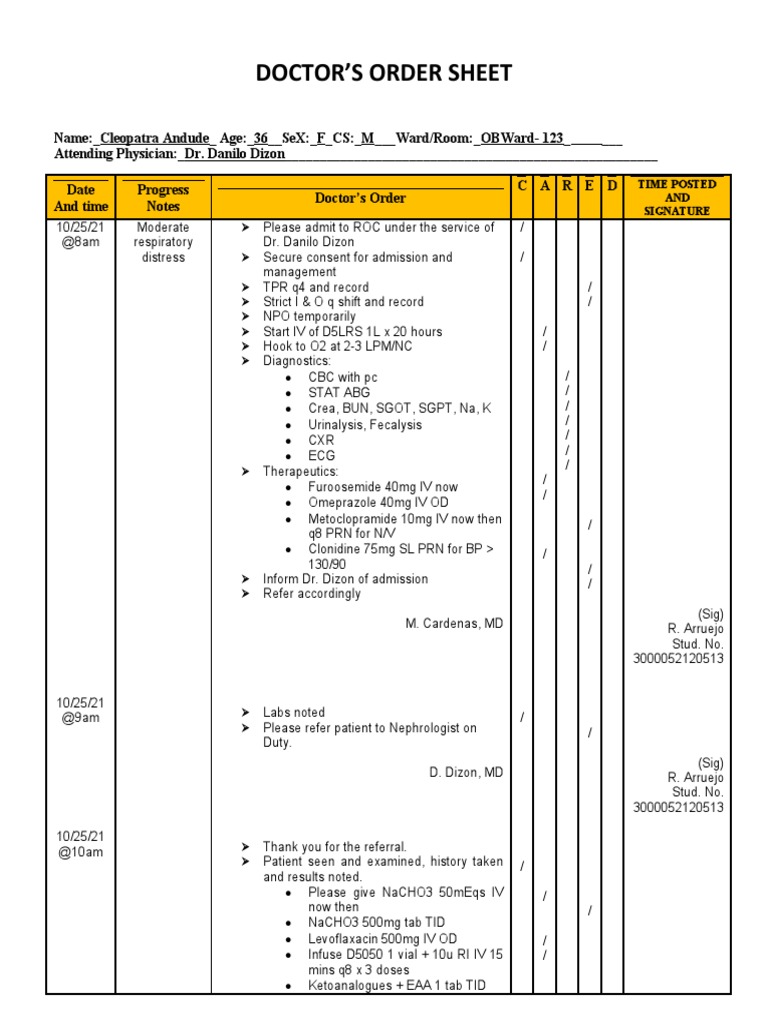 Doctor'S Order Sheet: Time Posted AND Signature | PDF | Nephrology ...