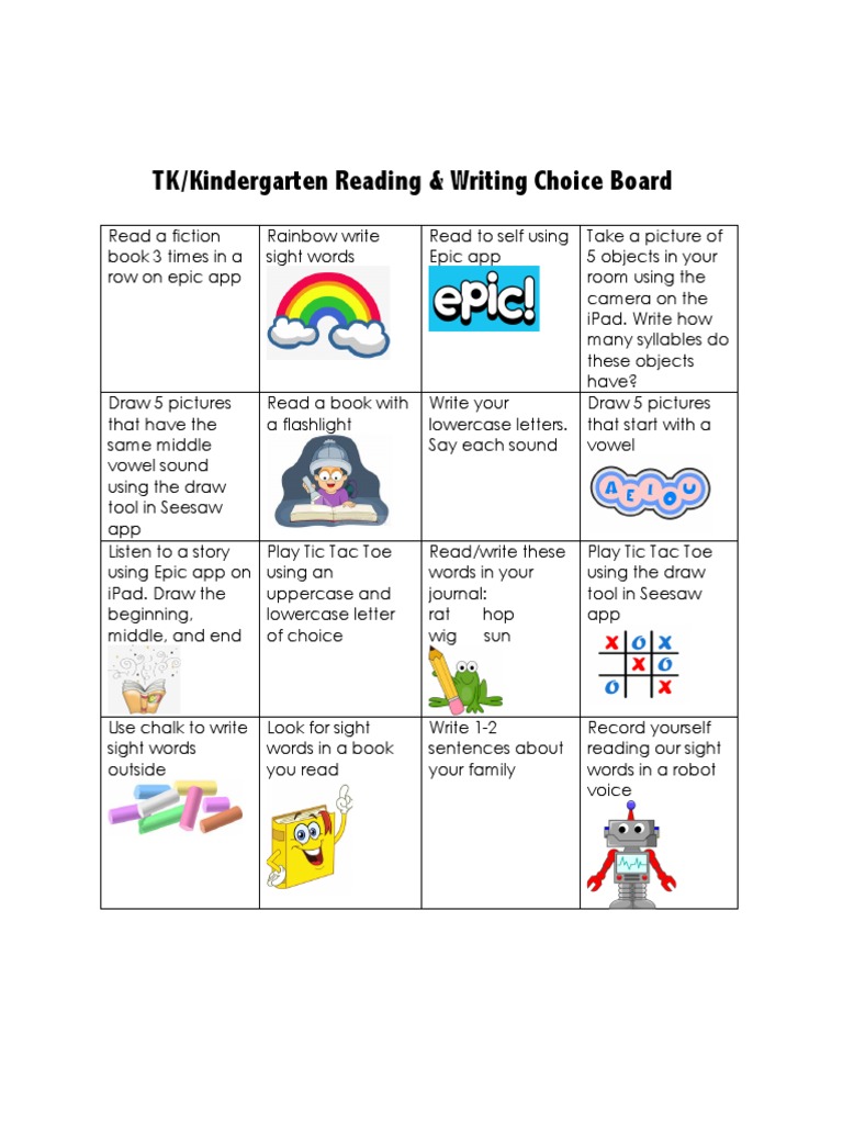 Kindergarten Reading Writing Choice Board | PDF