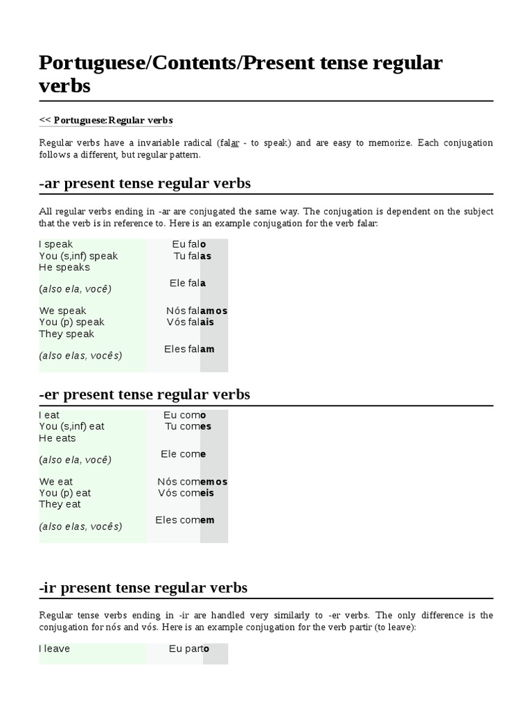Portuguese Contents Present Tense Regular Verbs | PDF