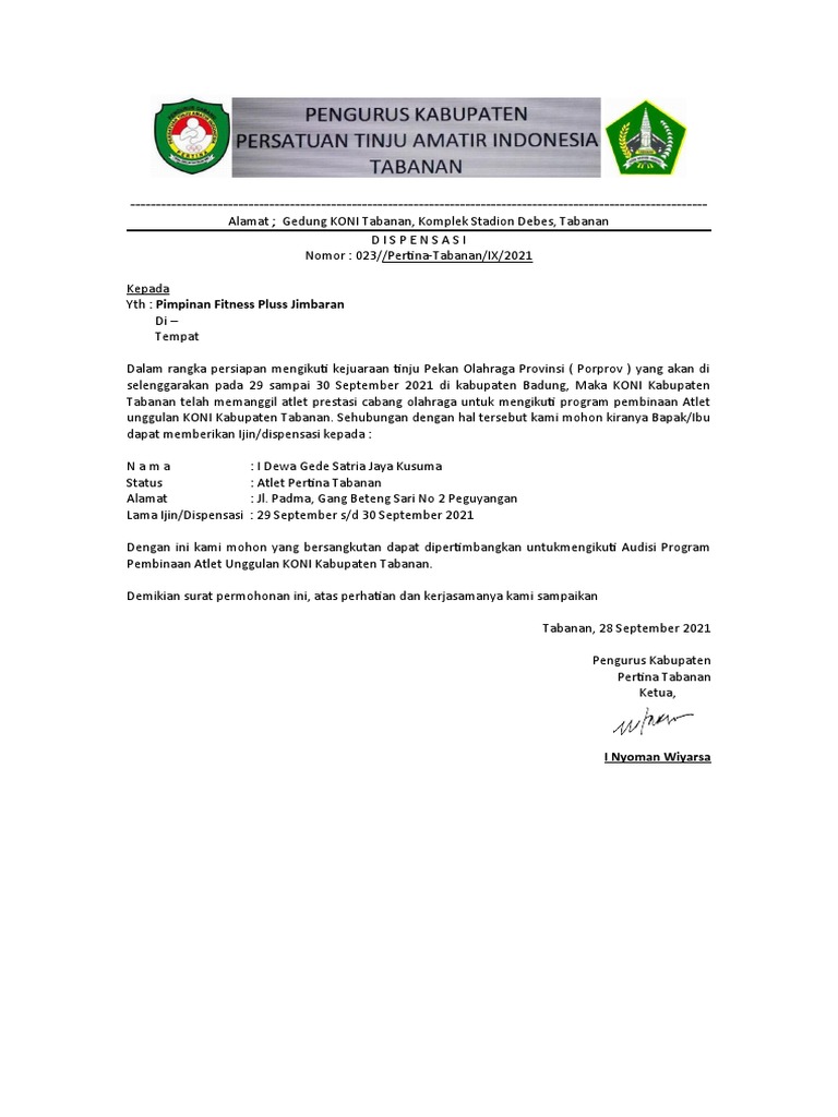 Surat Dispensasi Atlet Porprov Tabanan | PDF