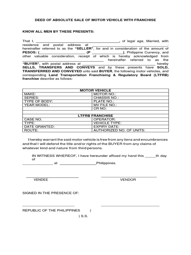 Deed of Absolute Sale Including Franchise | PDF | Property | Natural ...
