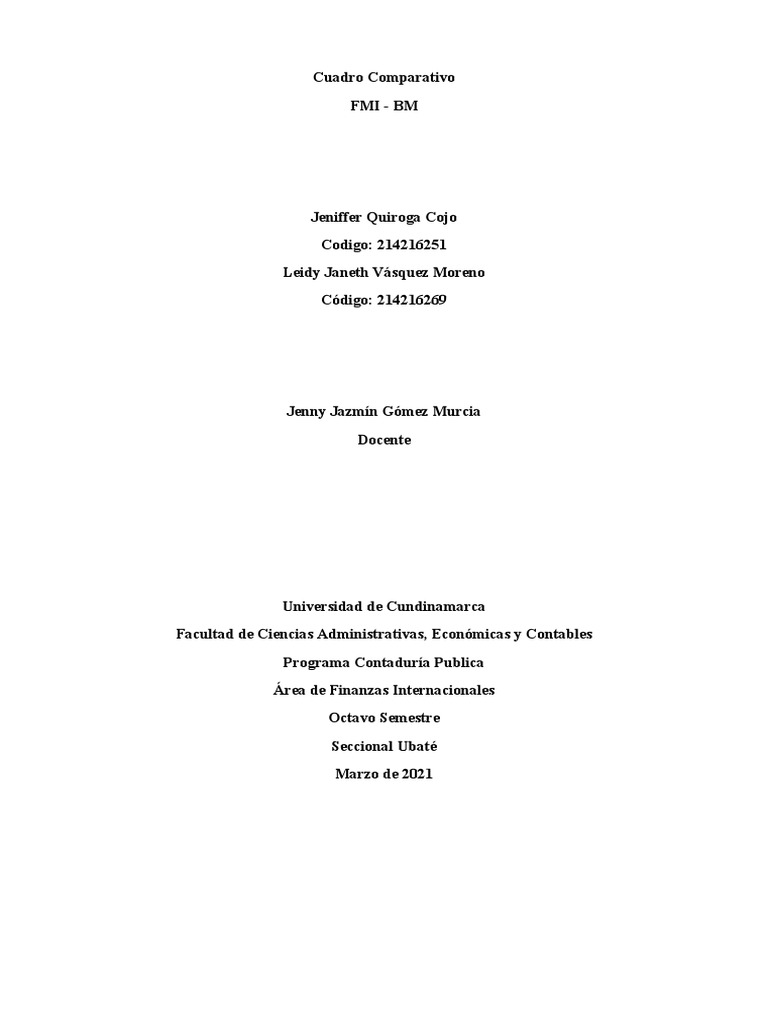 Cuadro Comparativo FMI - BM | PDF | Fondo Monetario Internacional | Banco Mundial