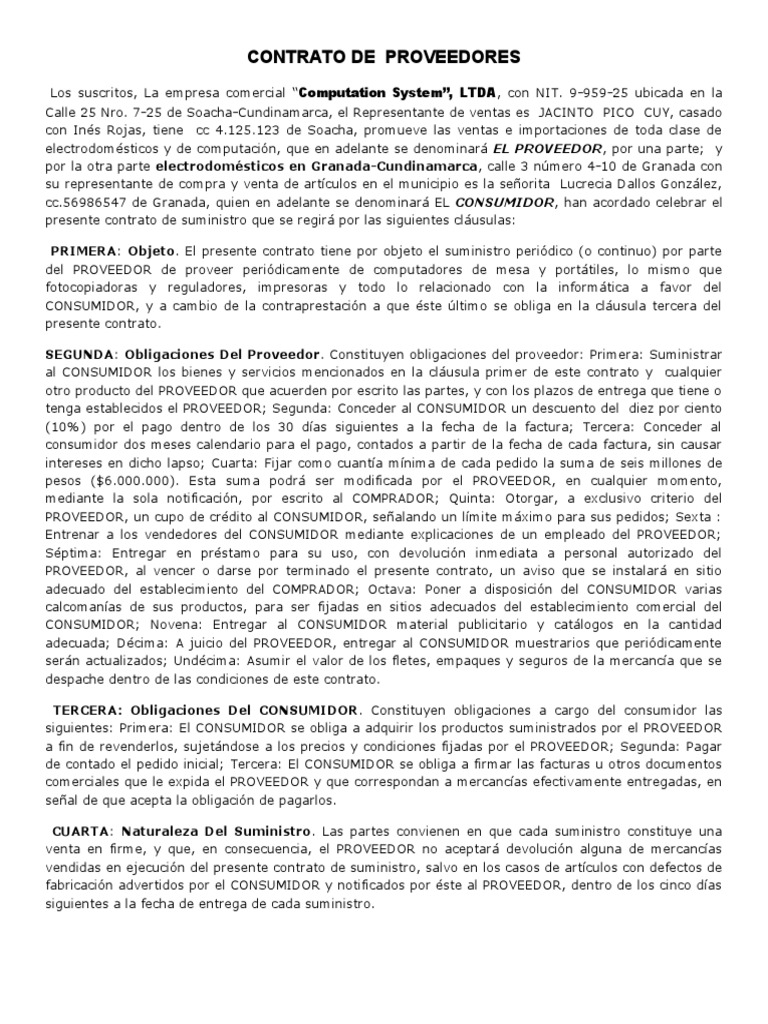 Modelo de Contrato de Proveedor | PDF | Los consumidores | Economias