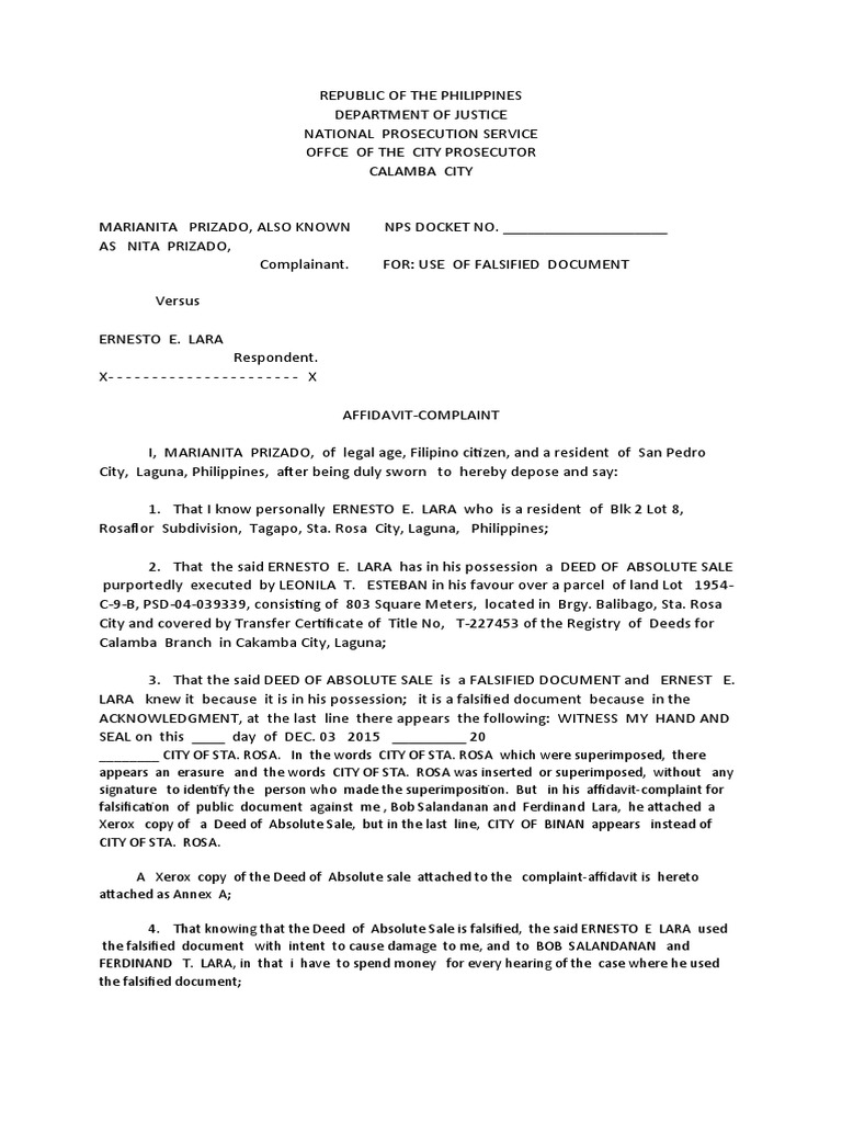 Affidavit-Complaint Charging Ernesto E. Lara with Using a Falsified Deed of Absolute Sale | PDF ...
