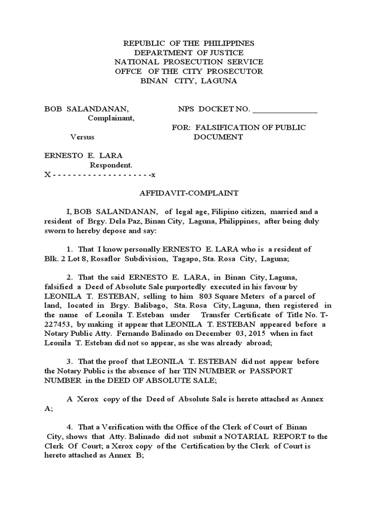 Affidavit Complaint For Falsification of Public Document Ernesto Lara ...