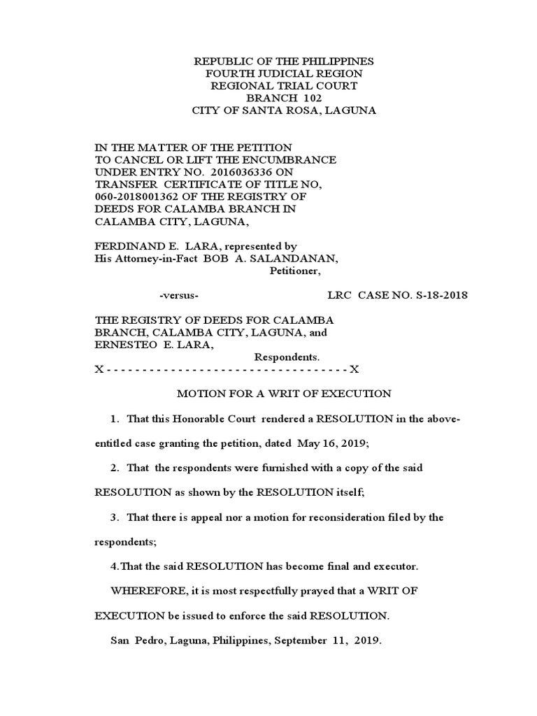 Motion For A Writ of Execution | PDF | Common Law | Courts