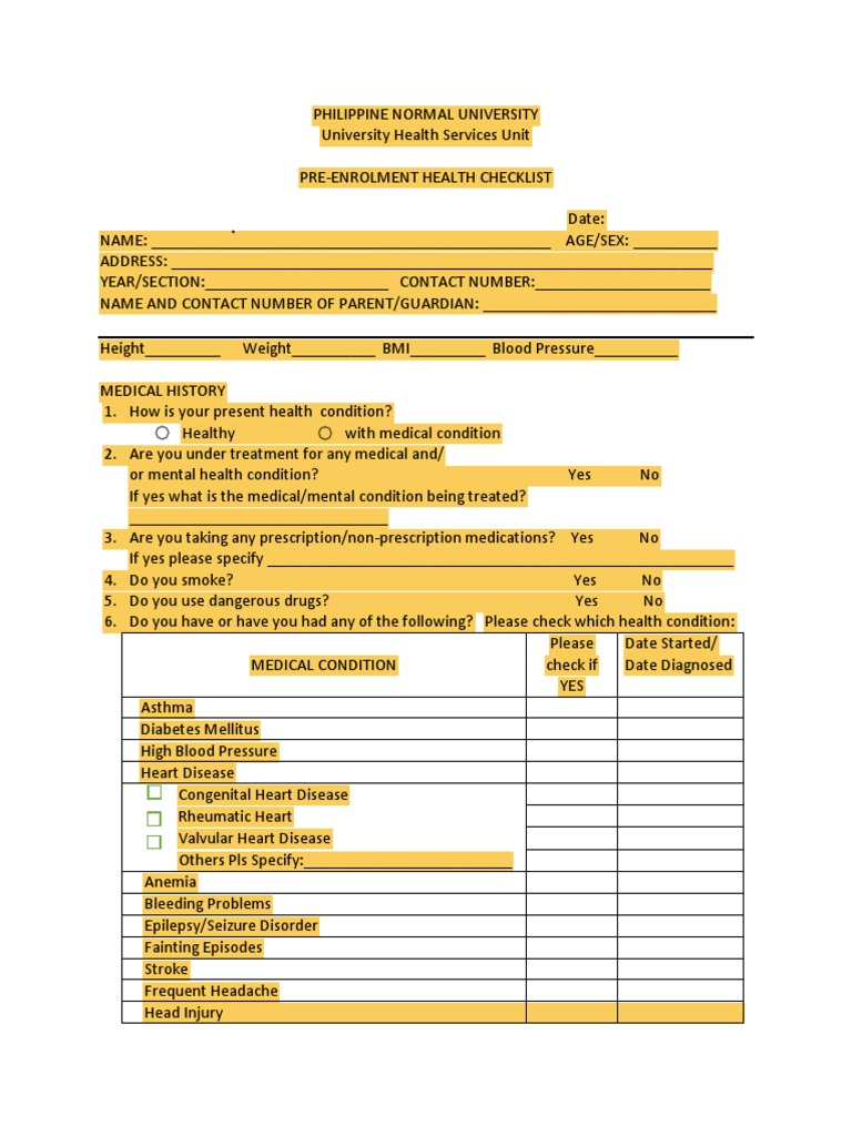 Philippine Normal University Health Checklist | PDF | Hepatitis ...