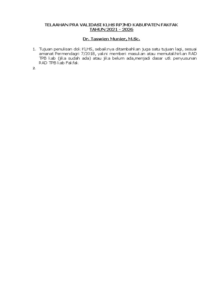 Telaahan Pra Validasi Klhs RPJMD Kabupaten Fakfak - Elieser | PDF