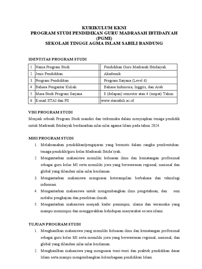 Kurikulum Kkni Pgmi Sabili | PDF