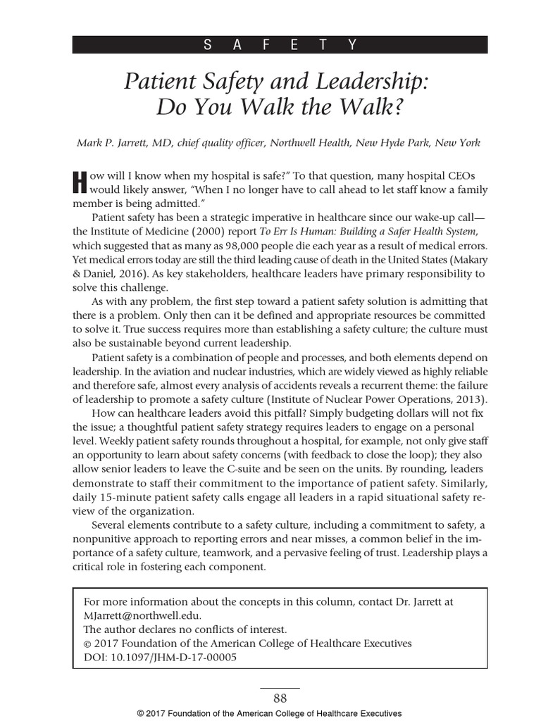 Patient Safety and Leadership: Do You Walk The Walk?: S A F E T Y | PDF ...
