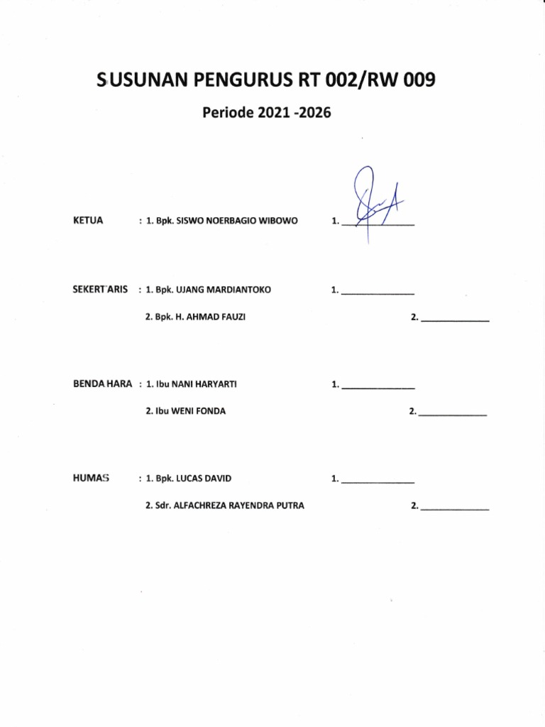 Susunan Pengurus RT 002 | PDF
