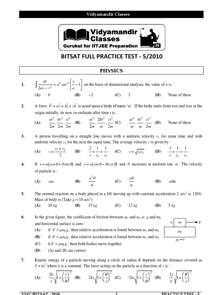 Bitsat Full Practice Test 5 | PDF | Gases | Force