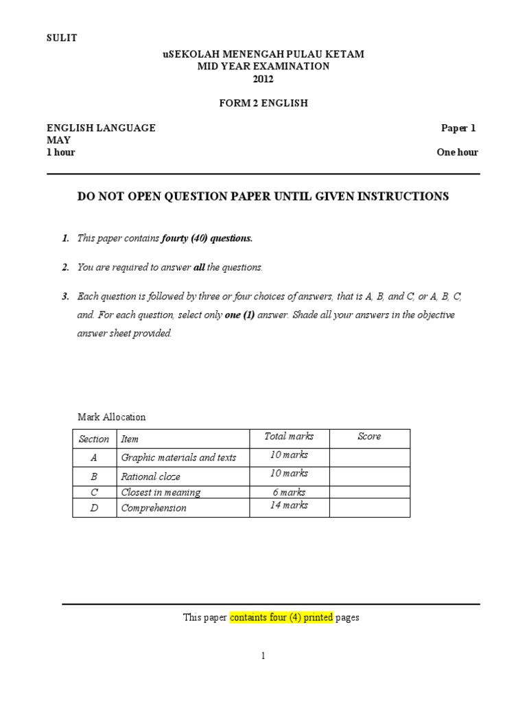 Dokumen - Tips SMKPK Midyear English Form 2 Paper 1 | PDF | Homework