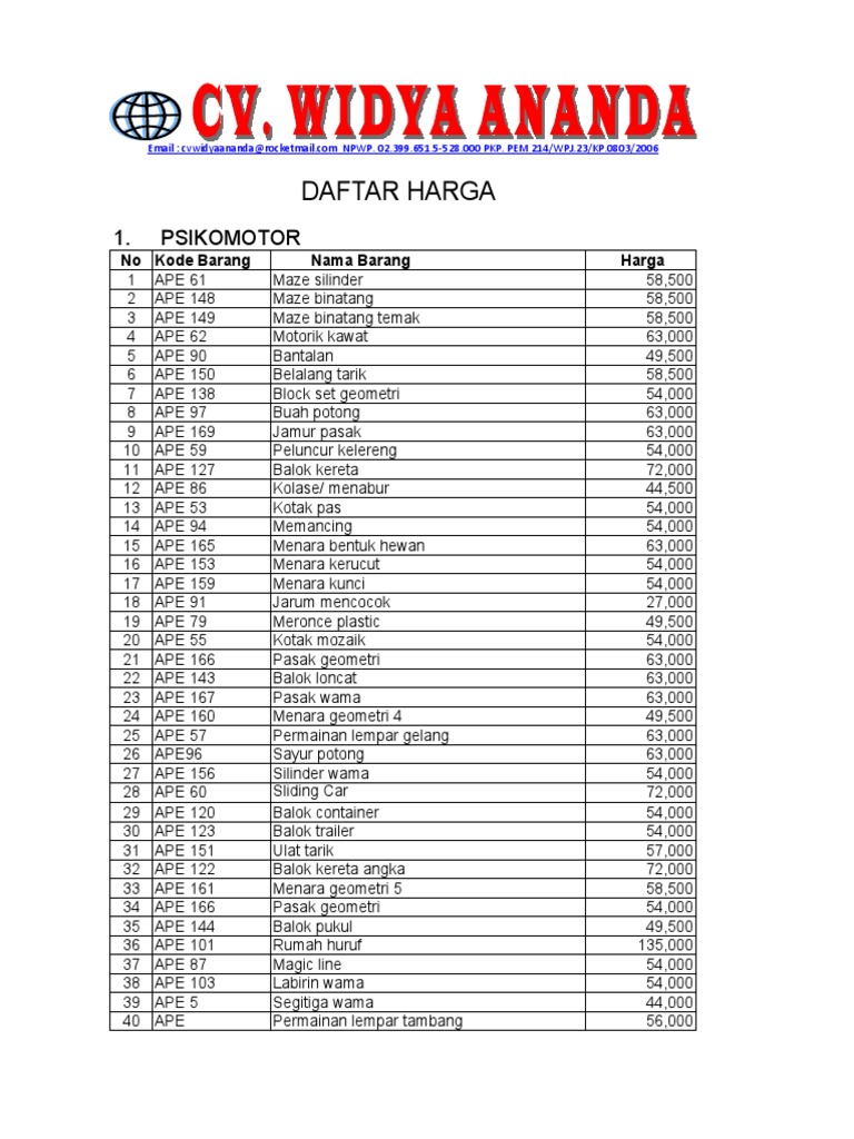 Daftar Harga Mainan Edukatif APE | PDF