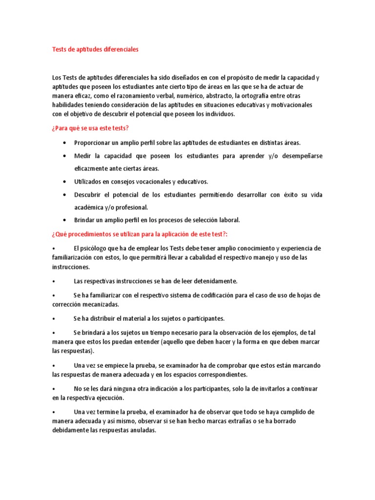 Tests de Aptitudes Diferenciales | PDF | Aprendizaje | Conceptos ...