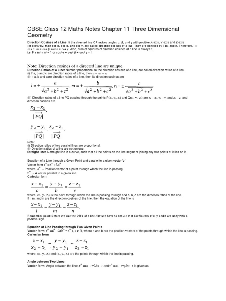 Class 12 3D Geometry Notes PDF | PDF | Plane (Geometry) | Line (Geometry)