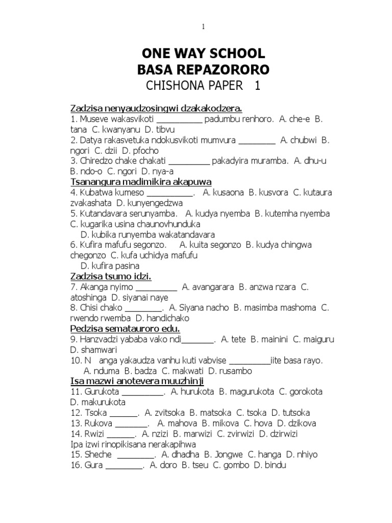 One Way School Basa Repazororo: Chishona Paper 1 | PDF | Languages Of ...