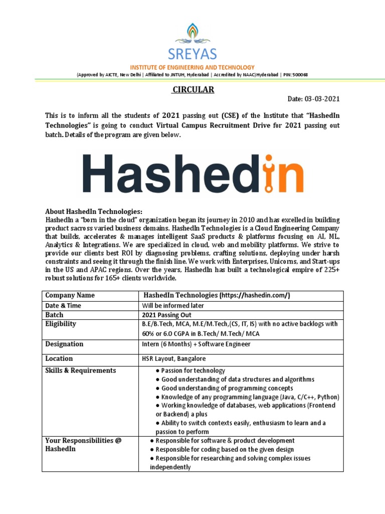 CIRCULAR - HashedIn Technologies - 03-03-2021 | PDF | Cloud Computing | Computing