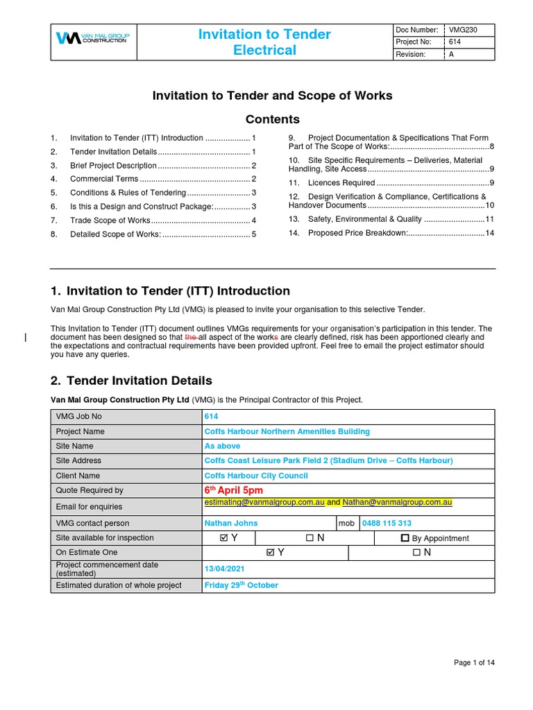 2021.03.25 - Invitation To Tender and Scope of Works - Electrical | PDF ...