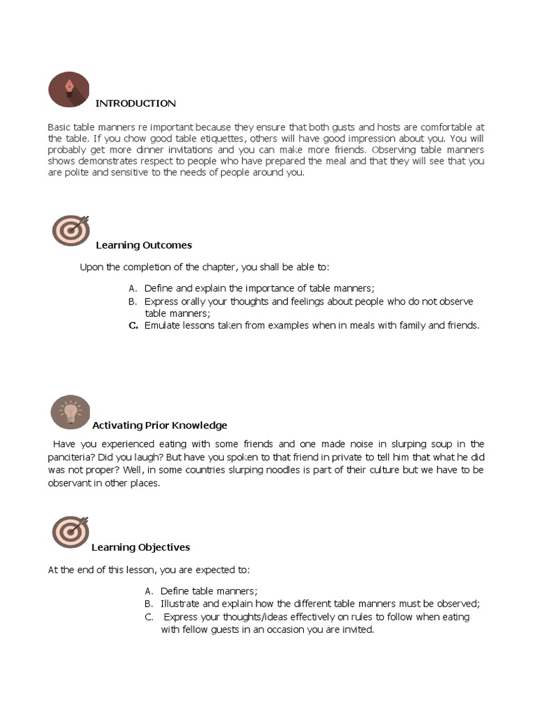 Table Manners and Etiquette | PDF | Tableware | Food And Drink