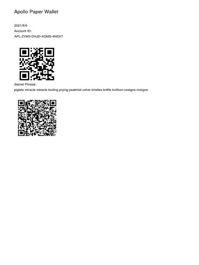 Apollo Paper Wallet: 2021/8/6 Account ID: APL-2YM3-DHJD-XQMS-4NSX7 | PDF