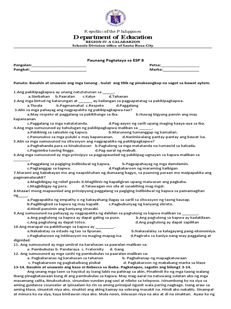 EsP 8 - Diagnostic Test | PDF