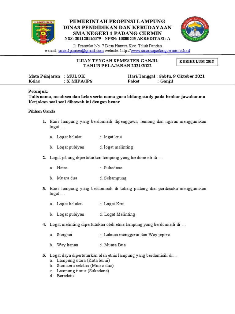 Ujian Tengah Semester Ganjil Mata Pelajaran MULOK Kelas X MIPA/IPS SMA ...