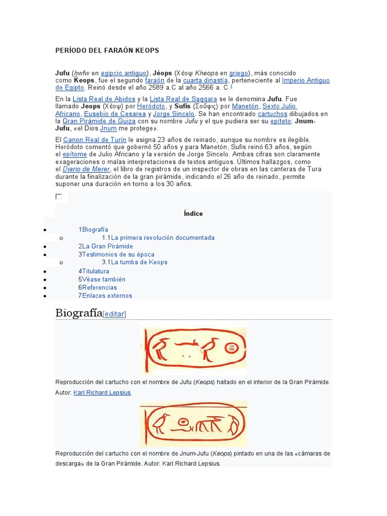 Biografía del Faraón Keops | PDF | Dinastías del antiguo Egipto | faraón