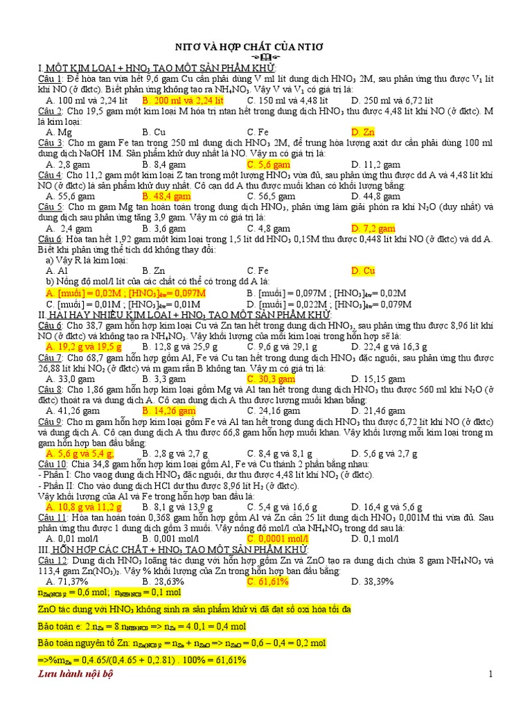 Phan Loai Bai Tap Trac Nghiem Ve N Va HNO3 Co Kem Dapan | PDF