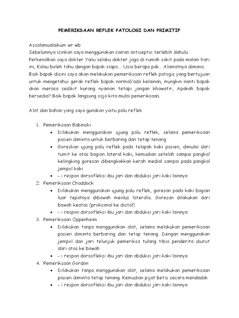 Pemeriksaan Reflek Patologi Dan Primitif | PDF