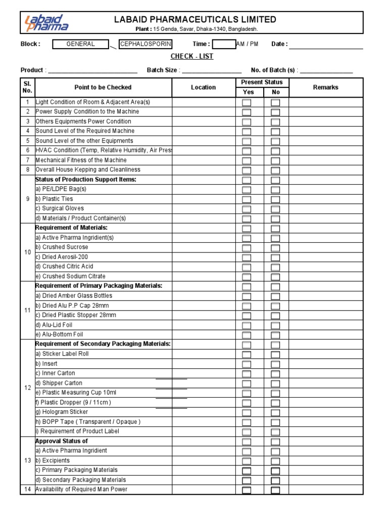 Labaid Pharmaceuticals Limited: Check - List | PDF