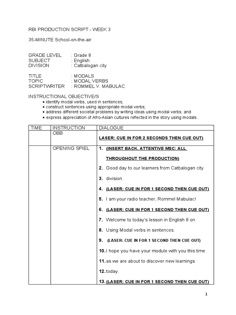 Rbi Script English 8 Week 3 Modal Verbs | PDF | Sentence (Linguistics ...