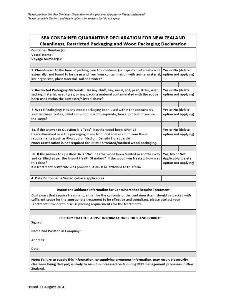 Sea Container Quarantine Declaration For New Zealand Cleanliness ...