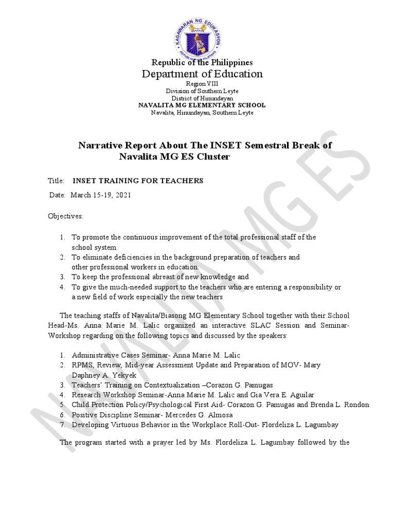 Narrative Report About The INSET Semestral Break | PDF | Teachers ...