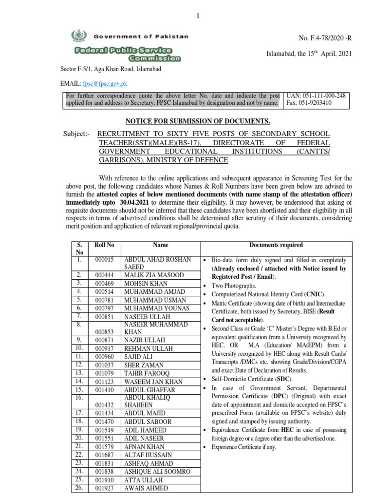 Notice For Submission of Documents: FPSC@FPSC - Gov.pk | PDF