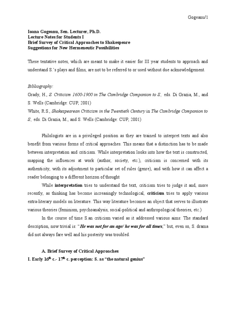 Lecture 1.shakespeare - Student.notes | PDF | Hermeneutics | Psychoanalysis