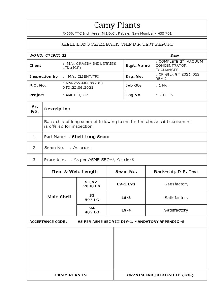 Camy Plants: Shell Long Seam Back-Chip D.P. Test Report | PDF