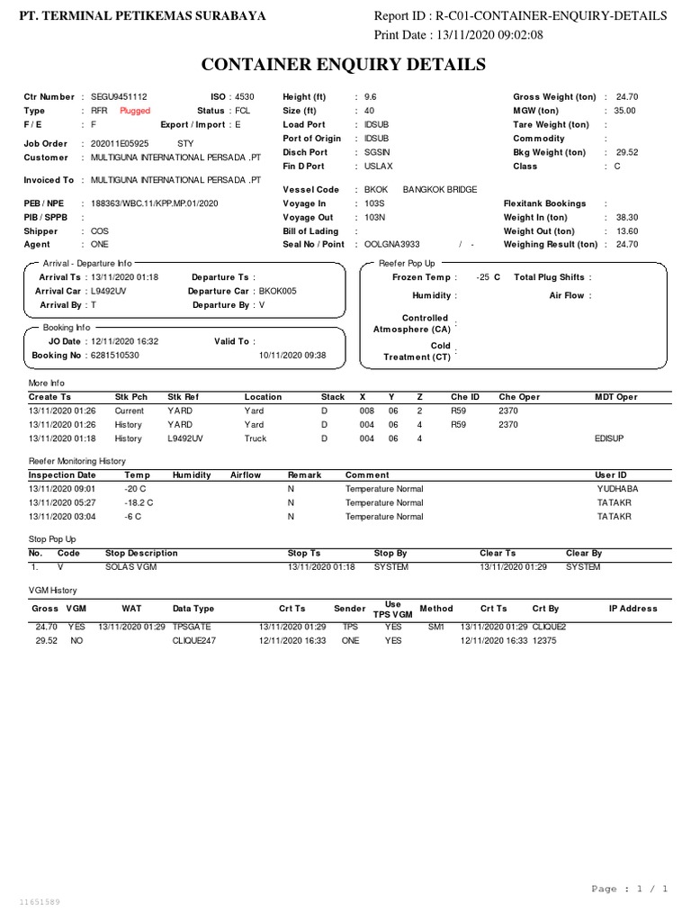 Container Enquiry Details: Plugged | PDF | Freight Transport | Trade