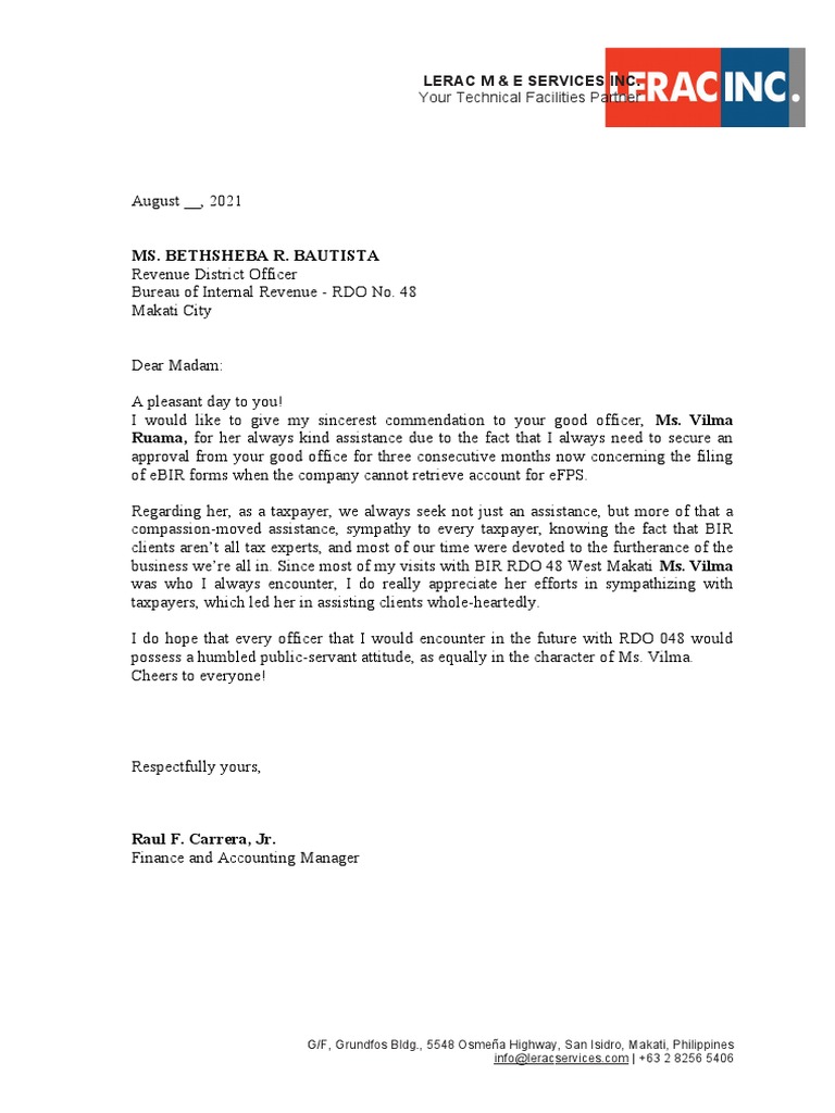 BIR LETTER - Letter of Commendation | PDF