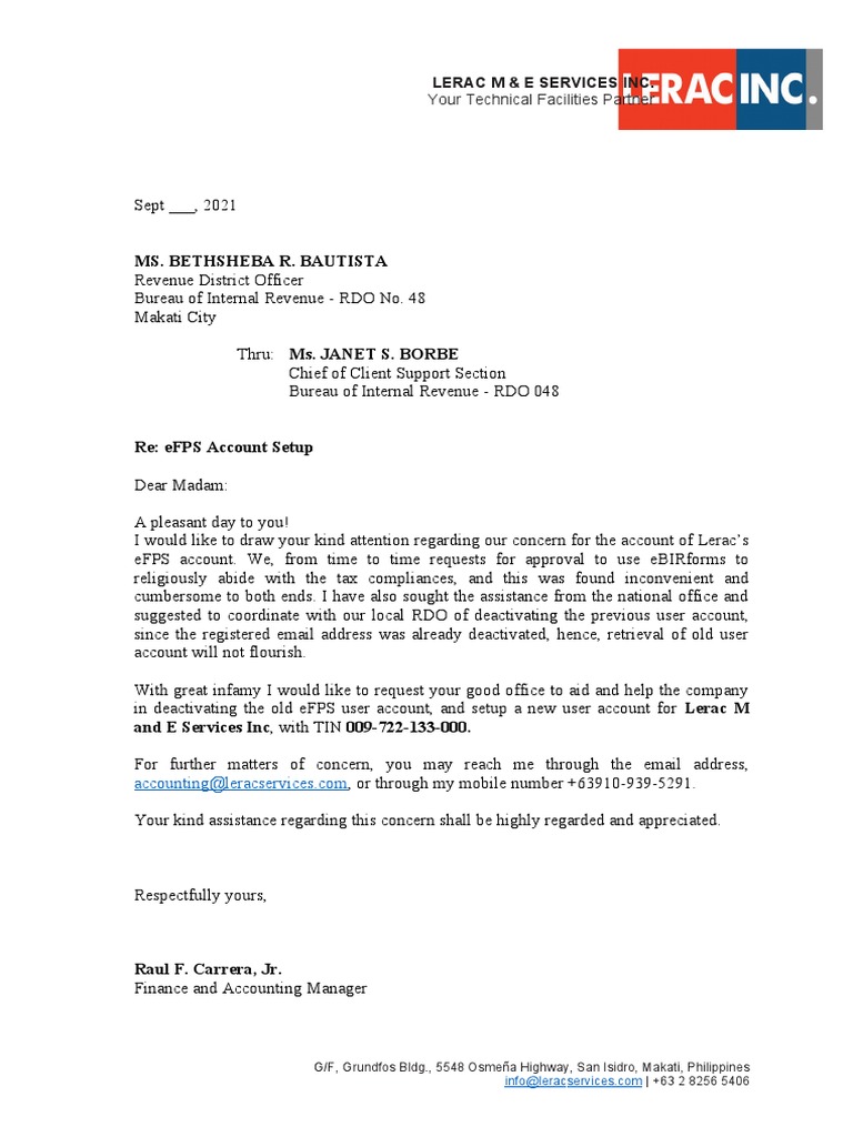 BIR LETTER - Request For eFPS Access | PDF | Finance & Money Management