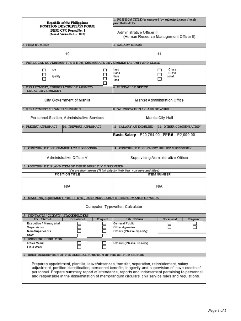 Republic of The Philippines Position Description Form DBM-CSC Form No ...